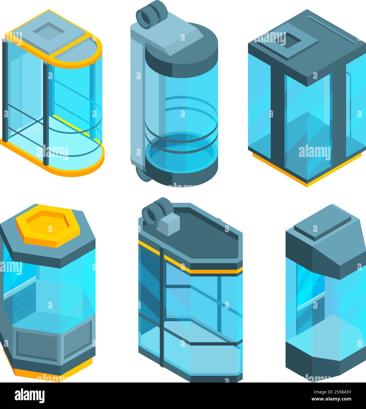 Various glass elevators with steel gates and panels. Isometric vector ...