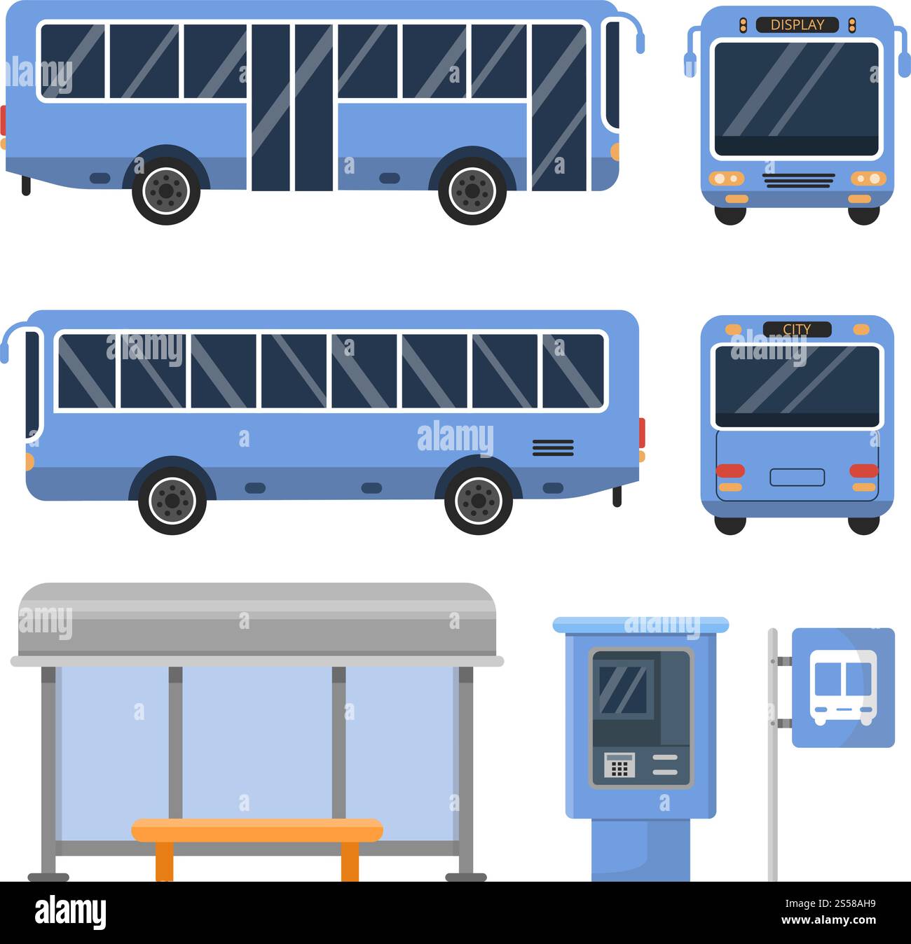 Illustration of bus stop. And various views of buses. Vector ...