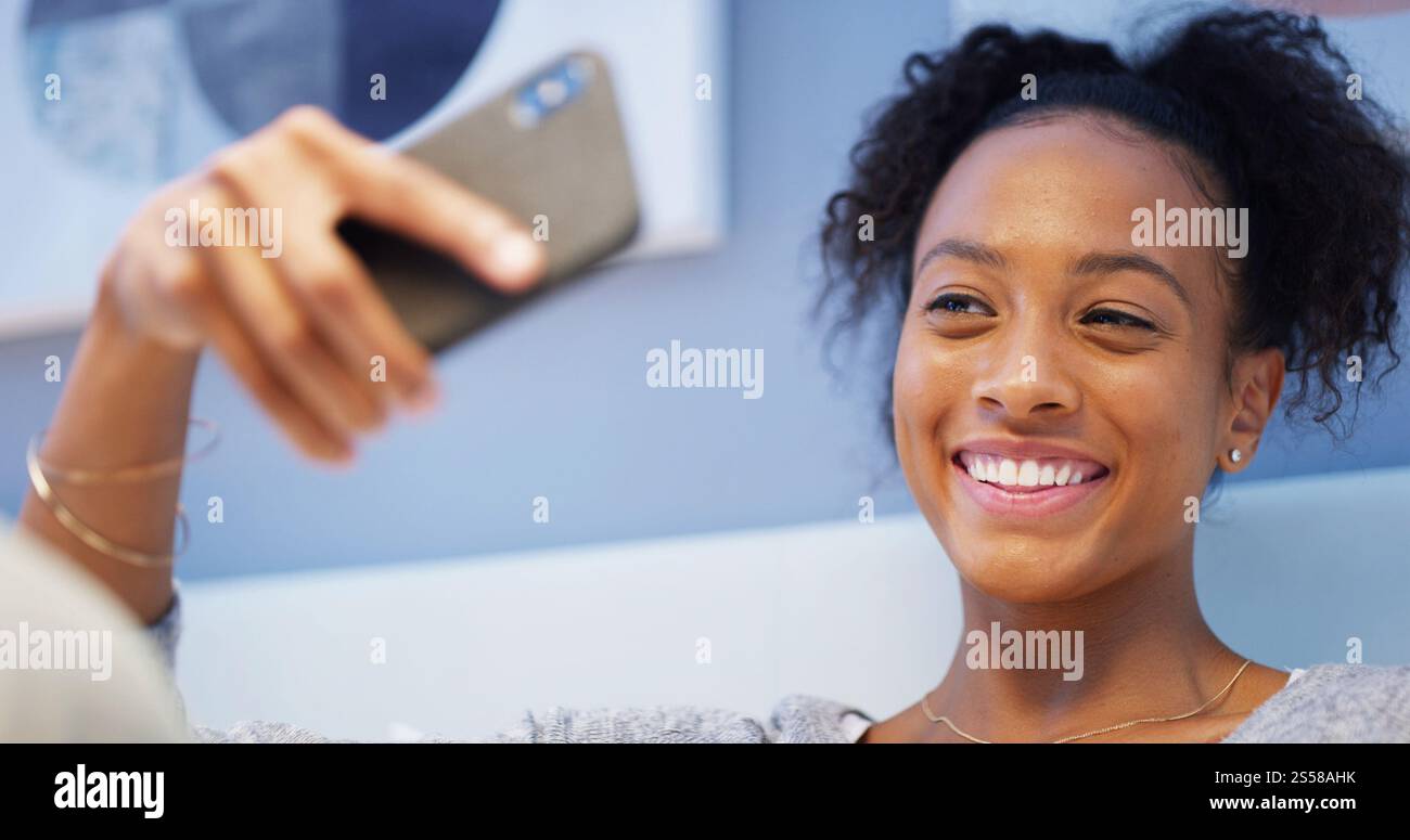 Home, girl and smile with selfie in bedroom for social media post ...