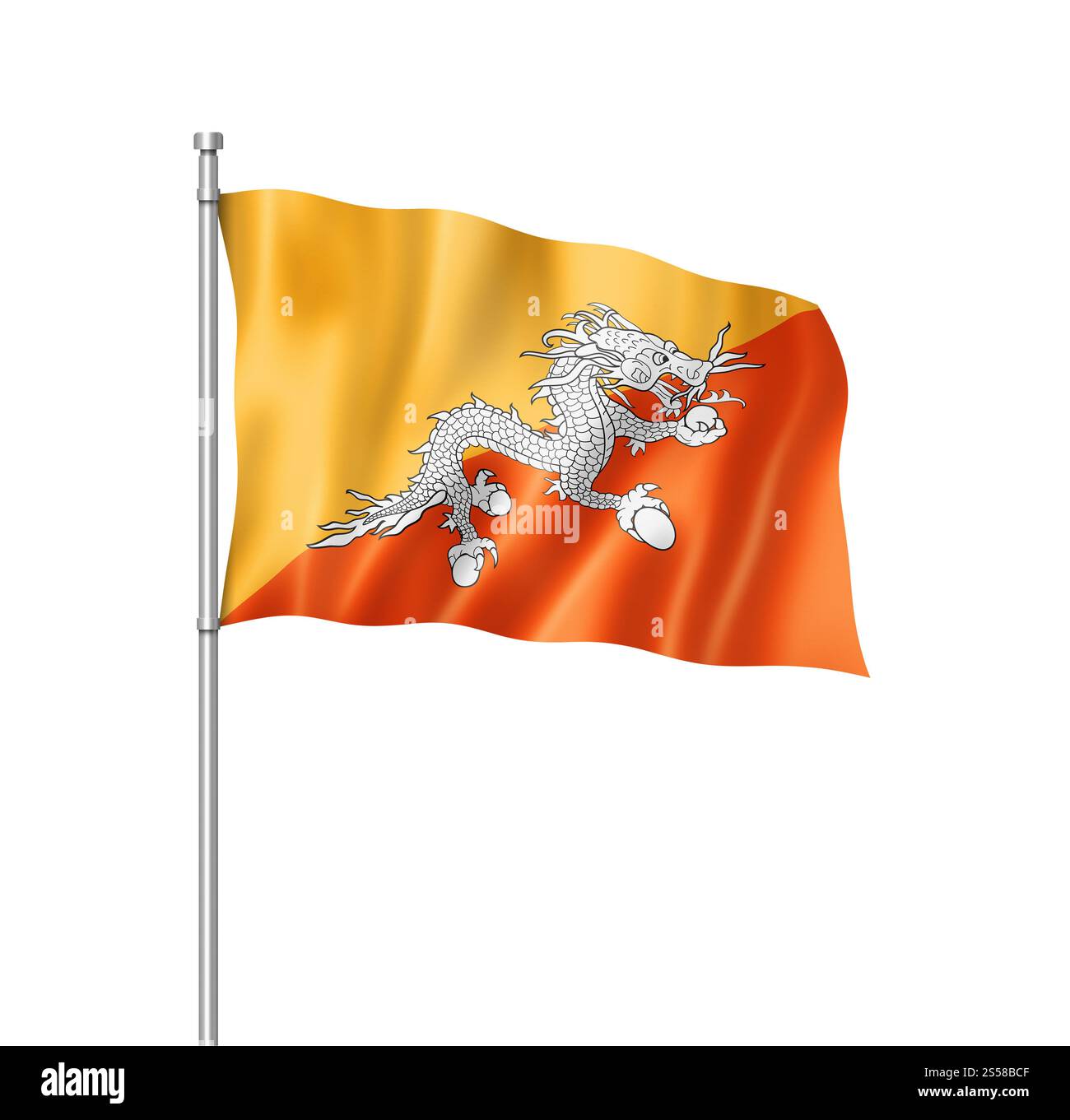 Bhutan flag, three dimensional render, isolated on white. Bhutan flag ...