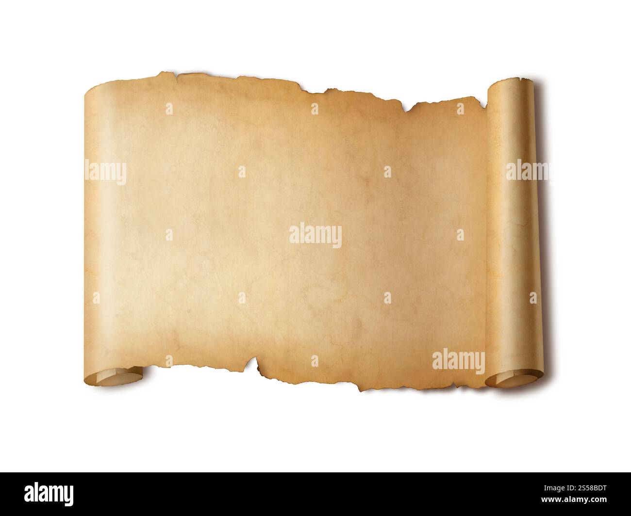 Old mediaeval paper sheet. Horizontal parchment scroll isolated on ...