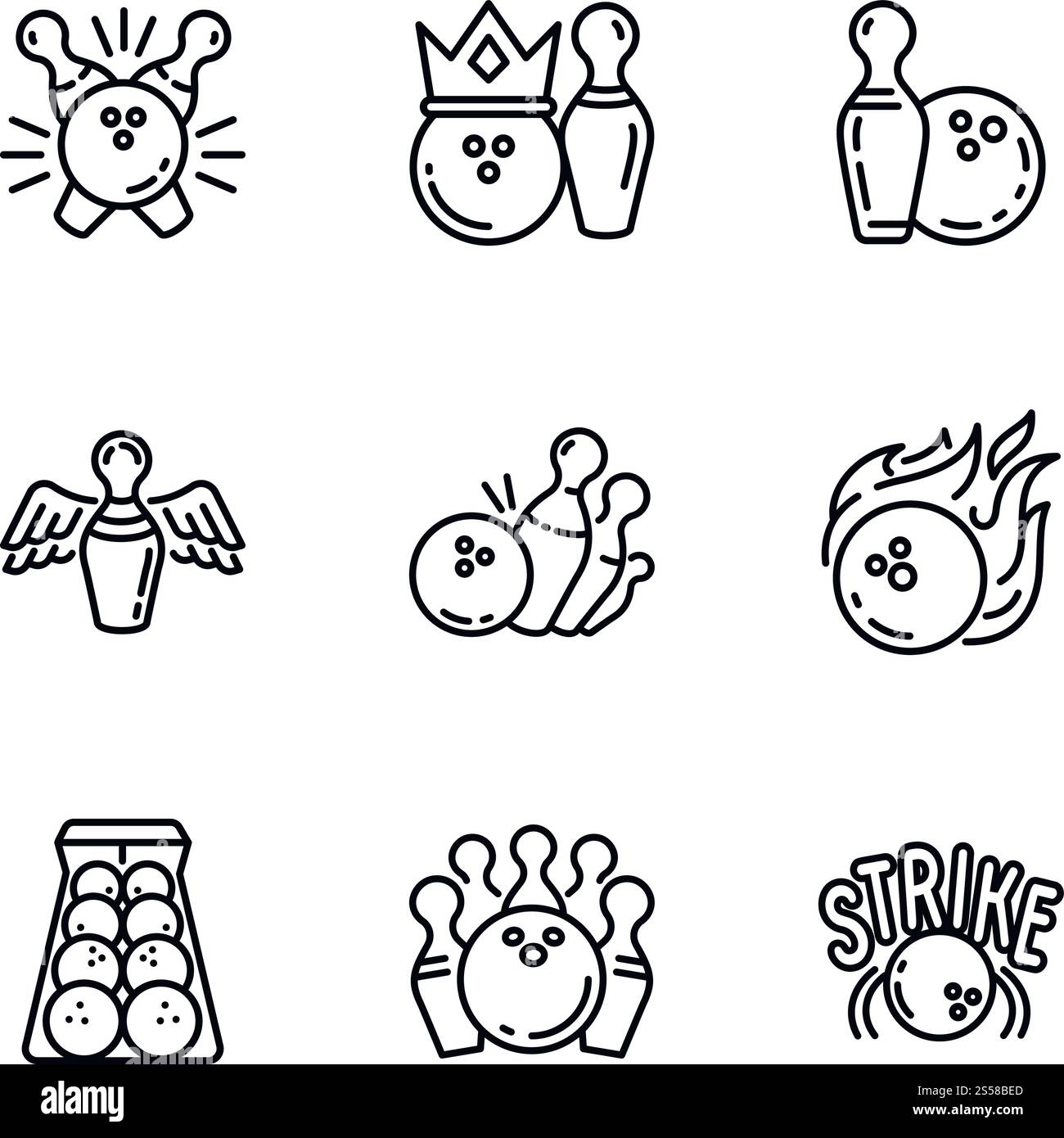 Bowling icon set. Outline set of 9 bowling vector icons for web design ...