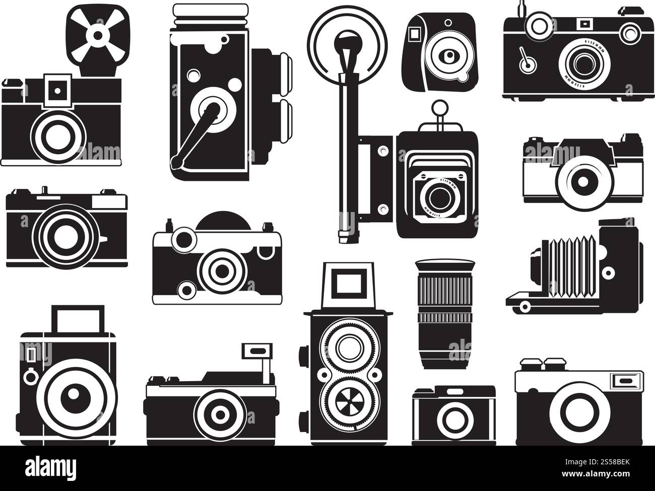 Pictures set of retro cameras. Vector monochrome illustrations. Camera photo retro, photography ...