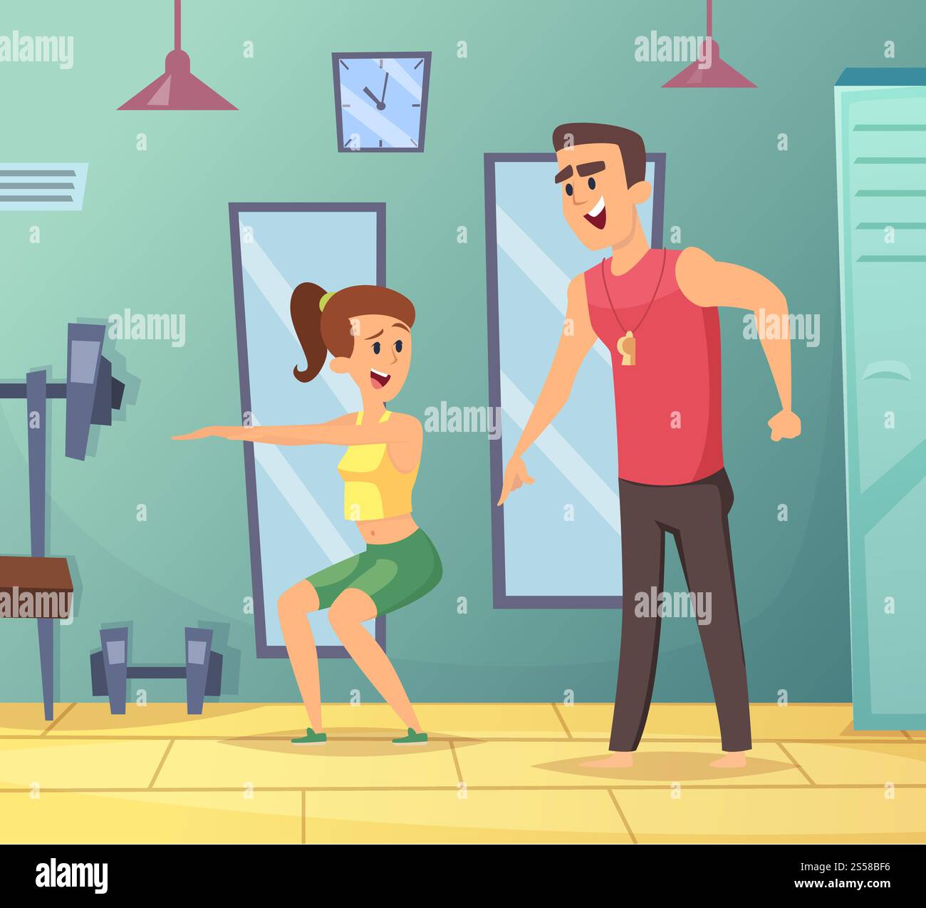 Gym background. Cartoon sport characters male and female. Personal ...