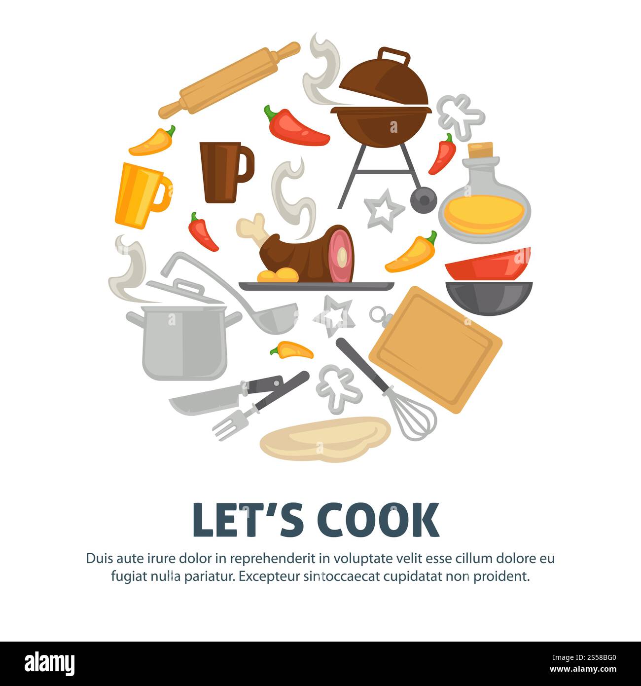 Cooking point poster with kitchenware and grill. Cutlery set, deep ...