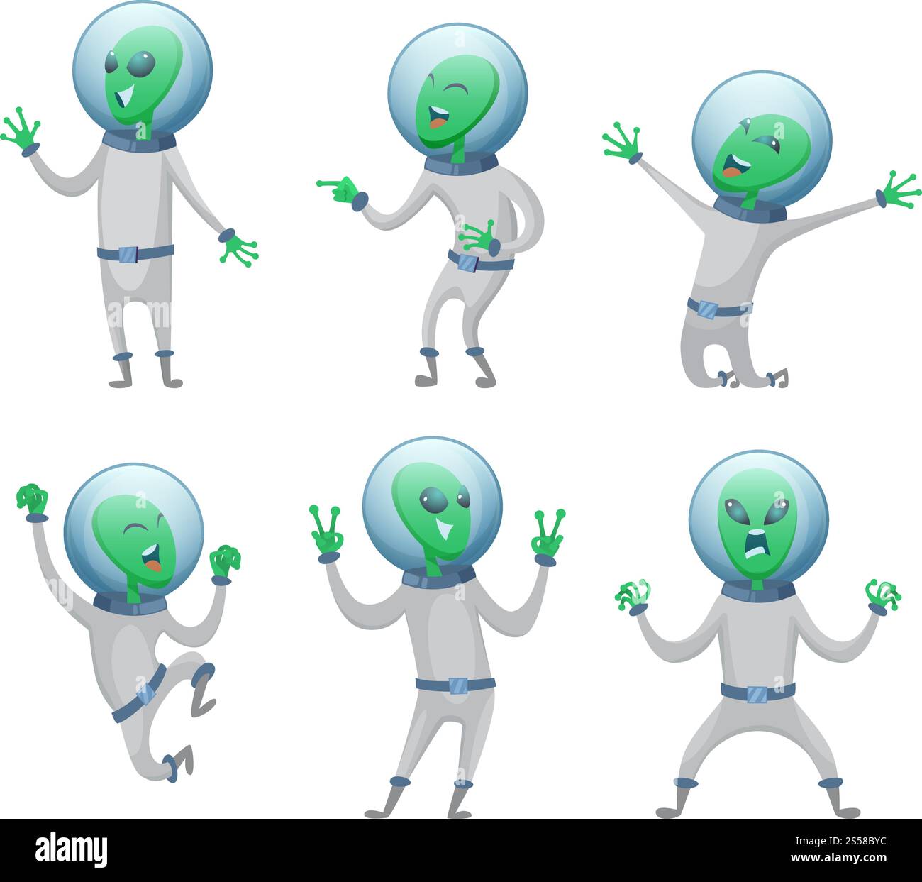 Cartoon aliens in various action poses. Humanoid alien funny character ...