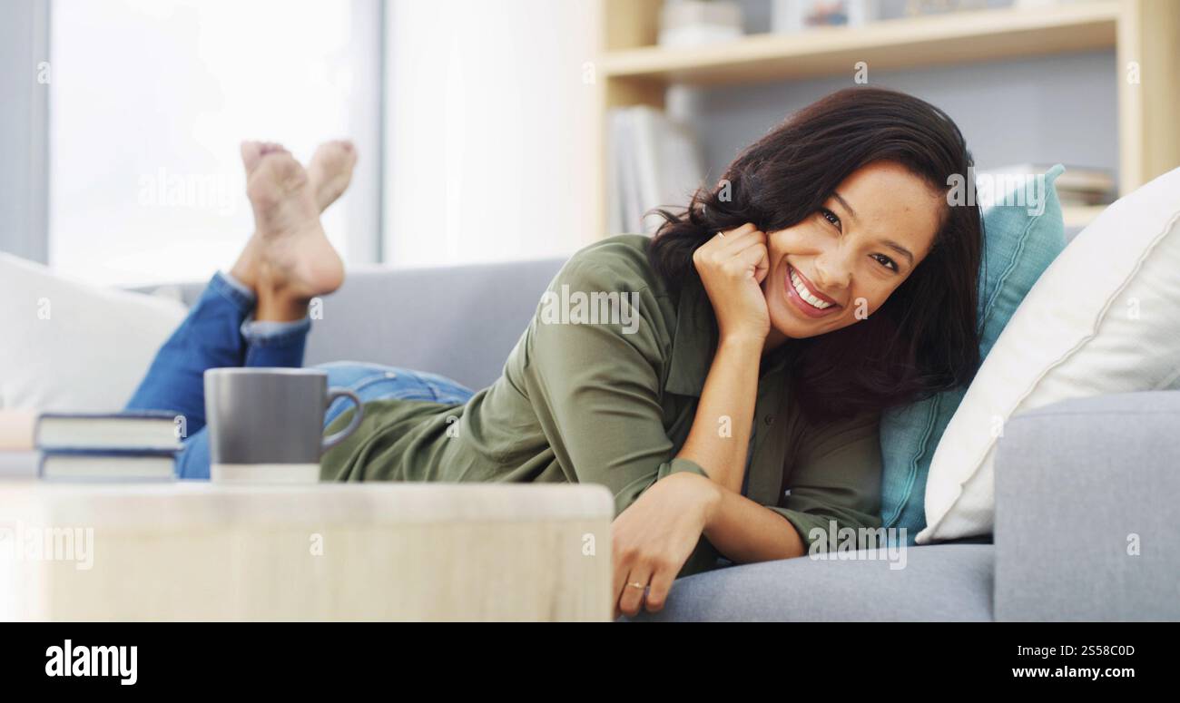 Home, sofa and woman in portrait for relax, comfortable and ...