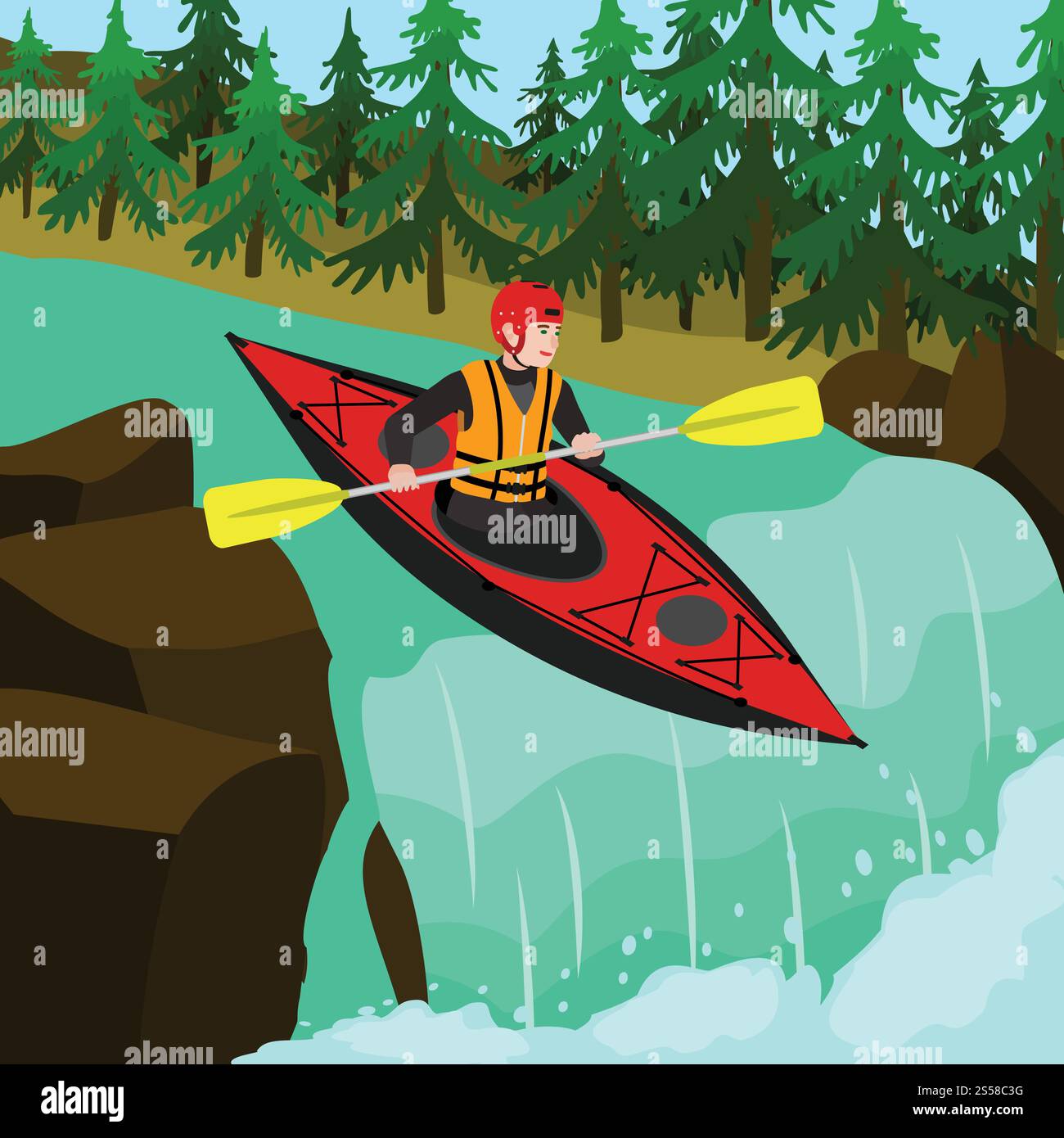 Man kayak rafting concept background. Flat illustration of man kayak ...