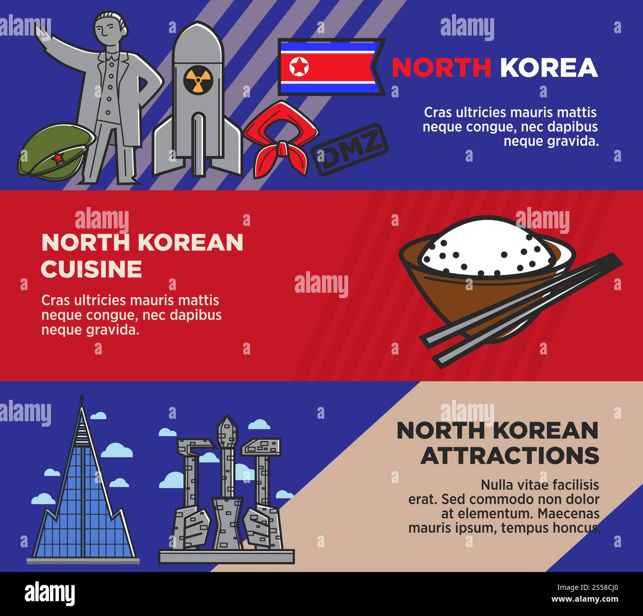 North Korean cuisine and attractions promotional posters set. Welcome ...
