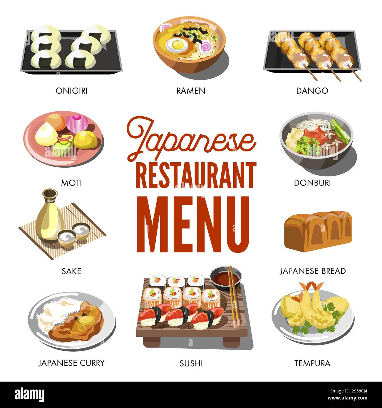 Japanese cuisine traditional dishes of ramen and udon donburi noodles ...