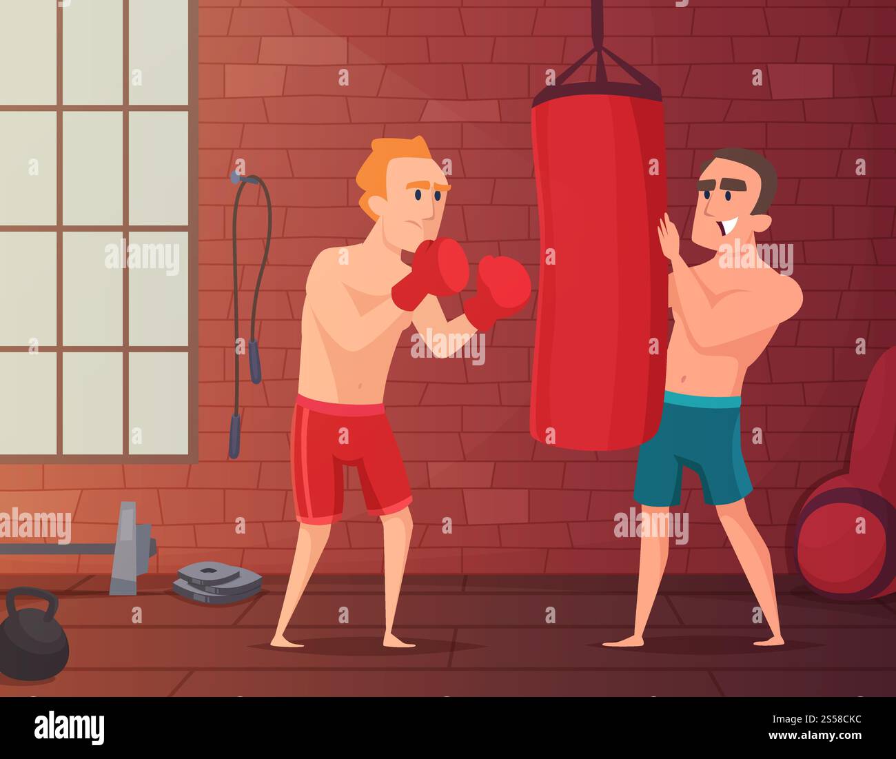 Boxer training. Male hits to punching bag at the gym. Cartoon sport ...