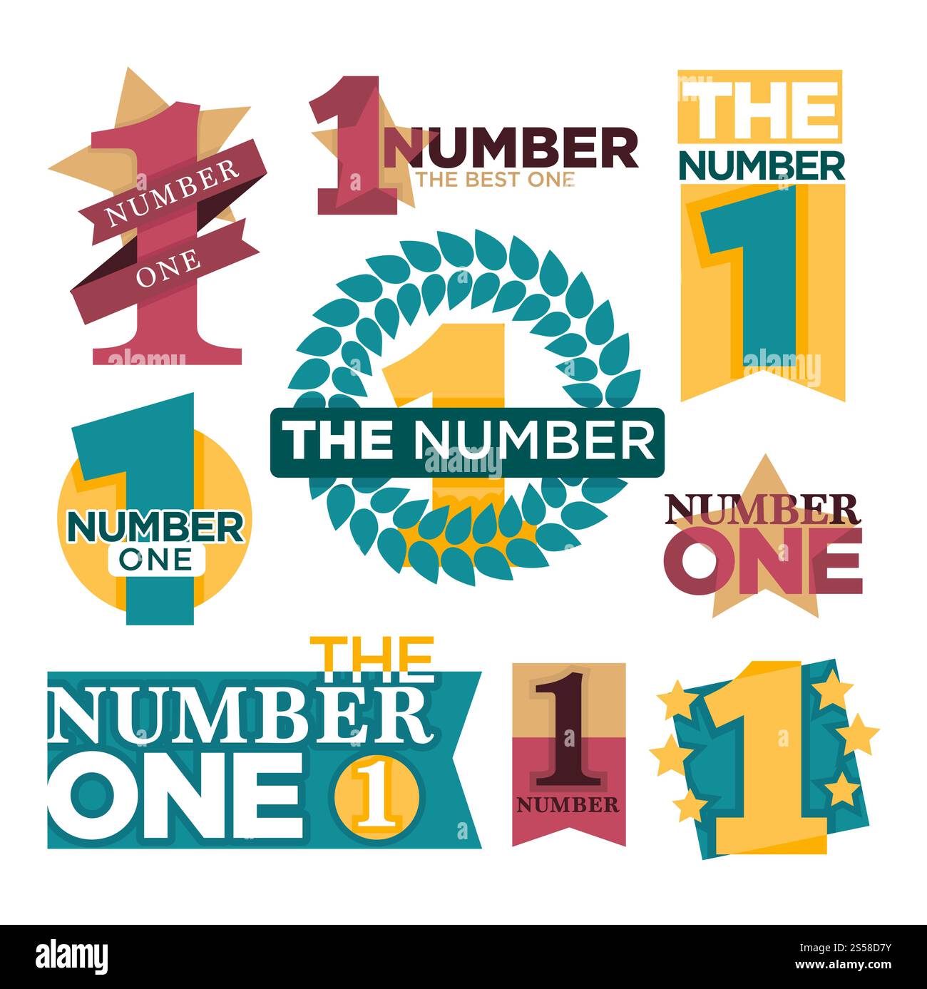 Number one emblems set with stars and ribbons around big numeral ...