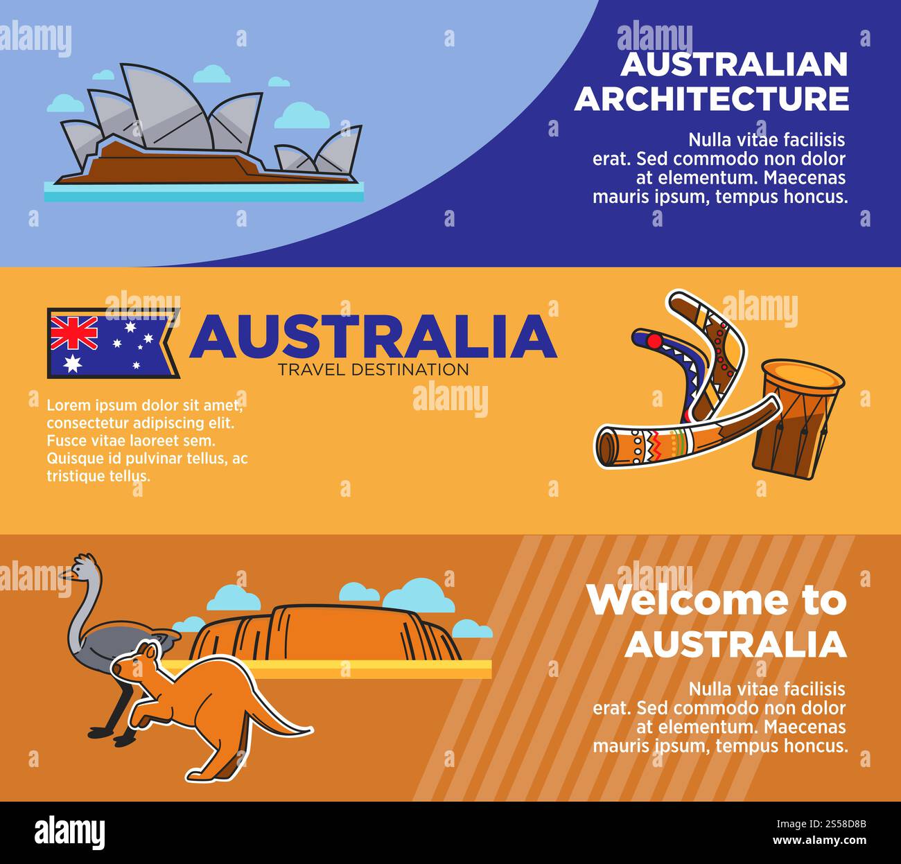 Australia travel destinations promo posters with architecture and ...
