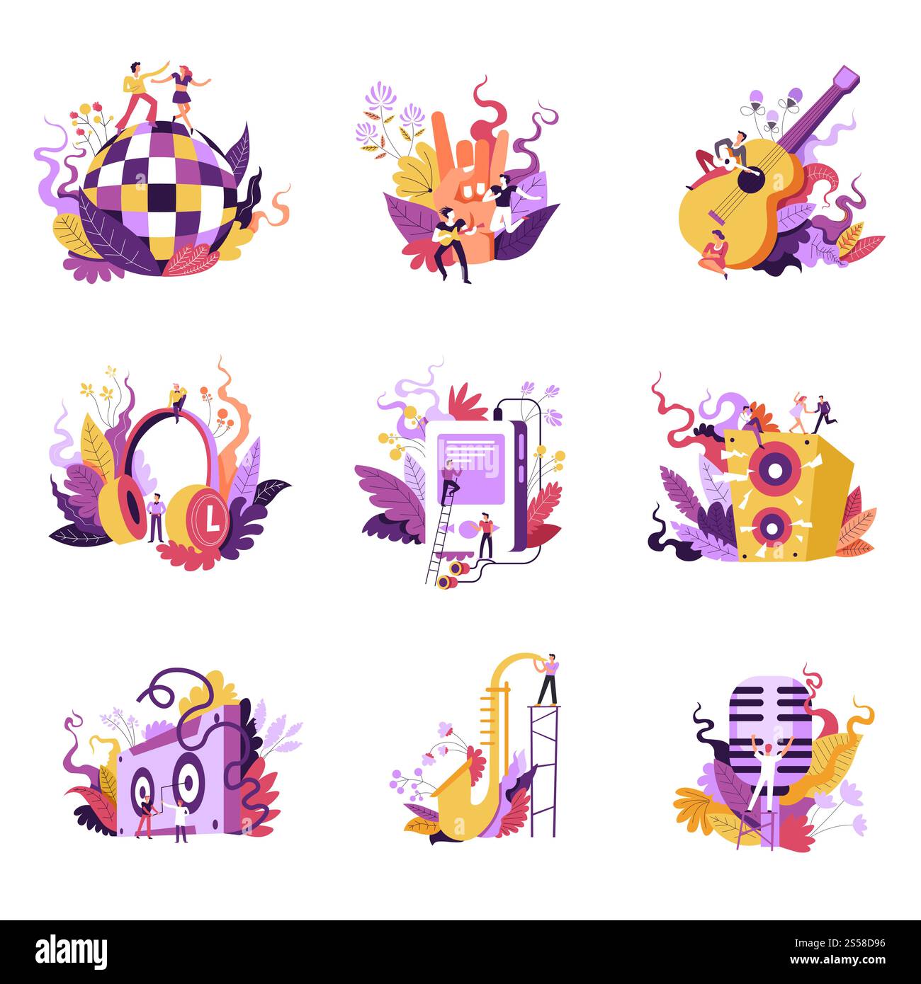 Pop and rock culture, music and dance club vector. Disco ball and ...