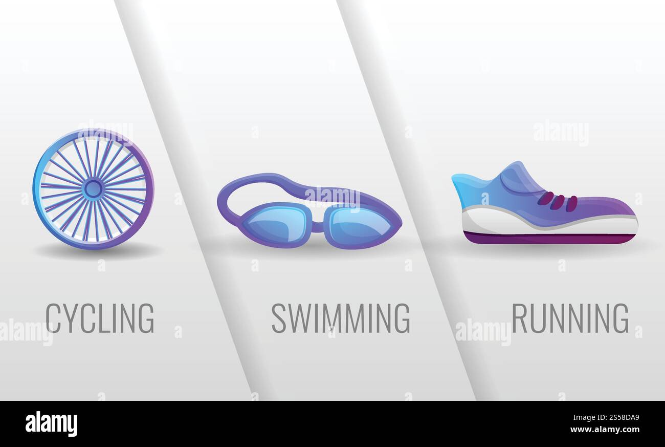Triathlon, cycling, swimming, running concept banner. Cartoon ...