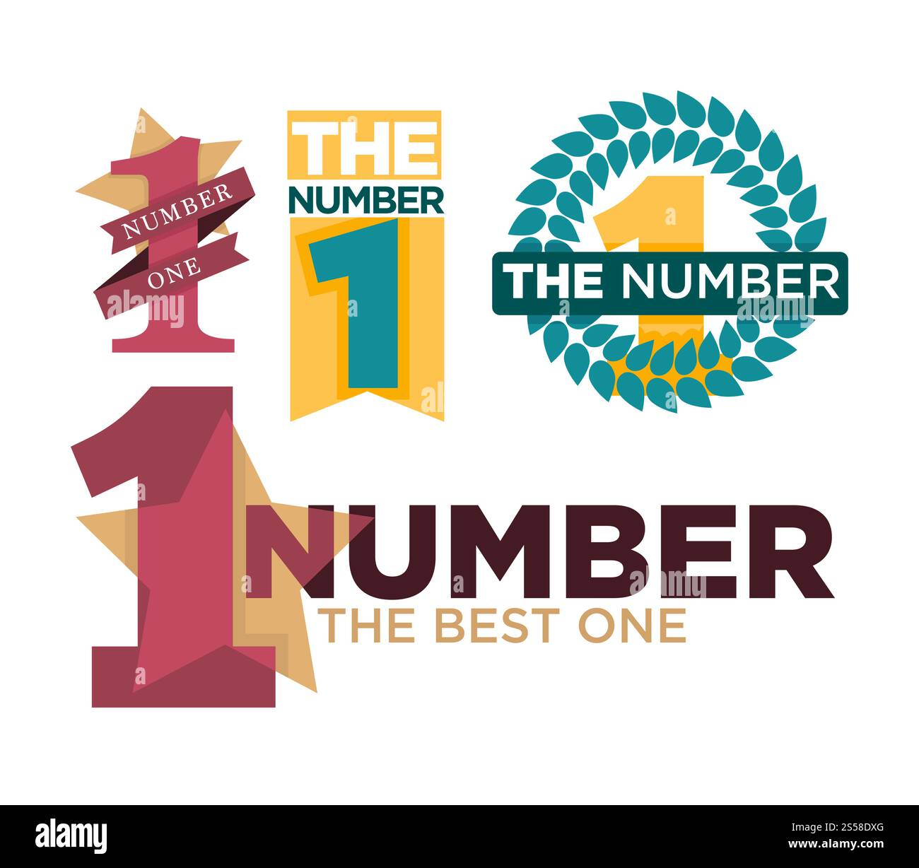 Number one emblems set with stars and ribbons around big numeral ...