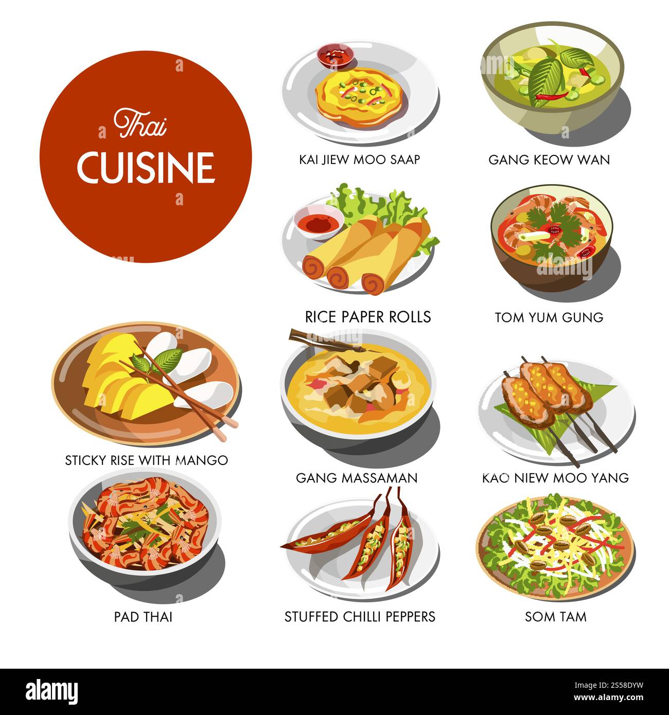 Thai cuisine food and traditional dishes of gang keow wan, pad thai ...