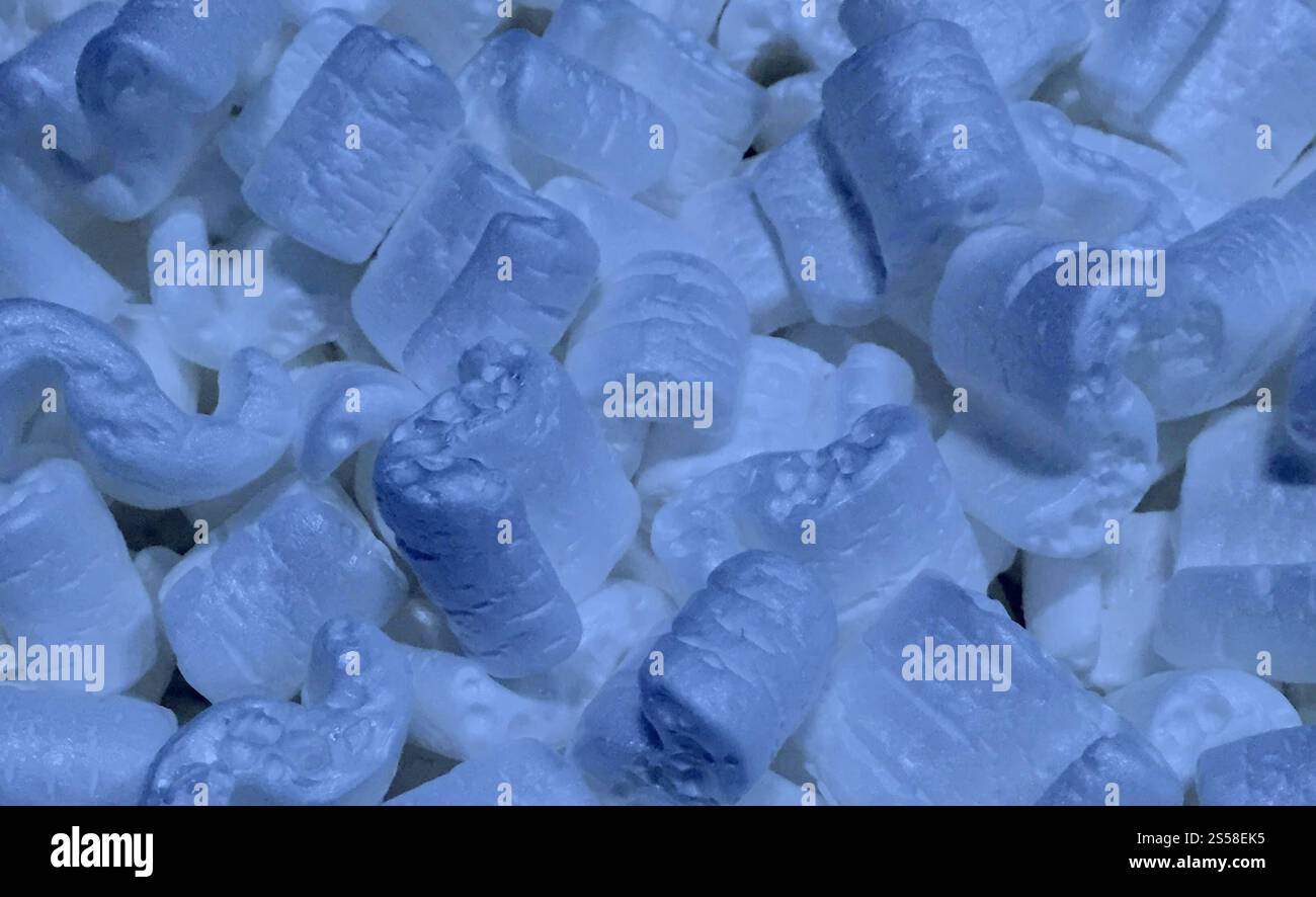 Fill packaging blue peanuts and bubble pack Stock Photo - Alamy