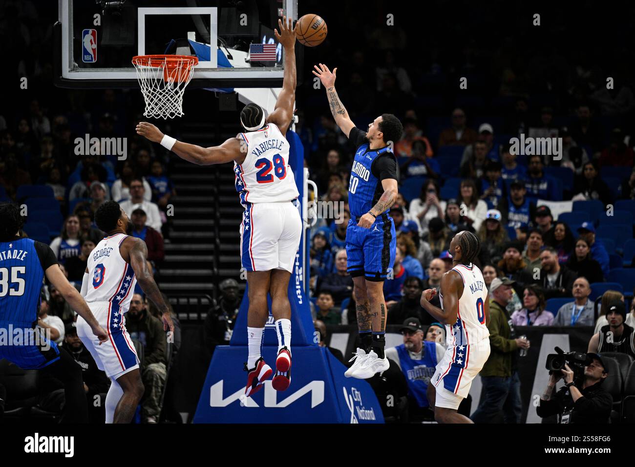Orlando Magic guard Cole Anthony (50) shoots as Philadelphia 76ers ...