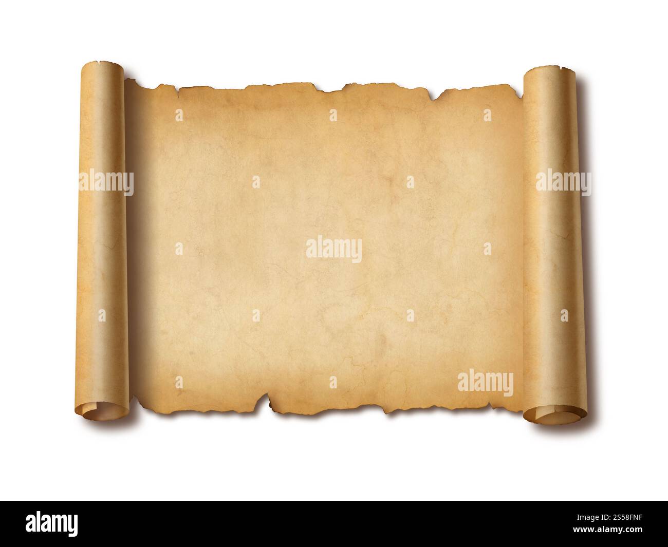 Old mediaeval paper sheet. Horizontal parchment scroll isolated on ...