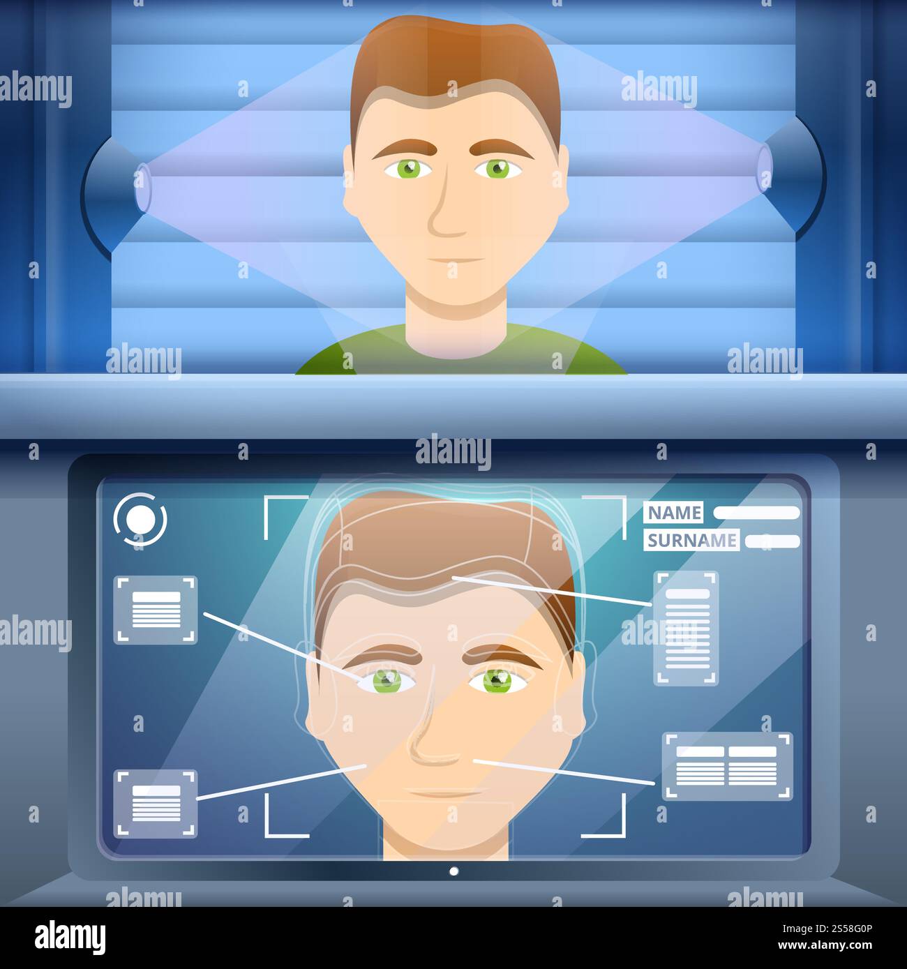 Face recognition system concept background. Cartoon illustration of face recognition system ...