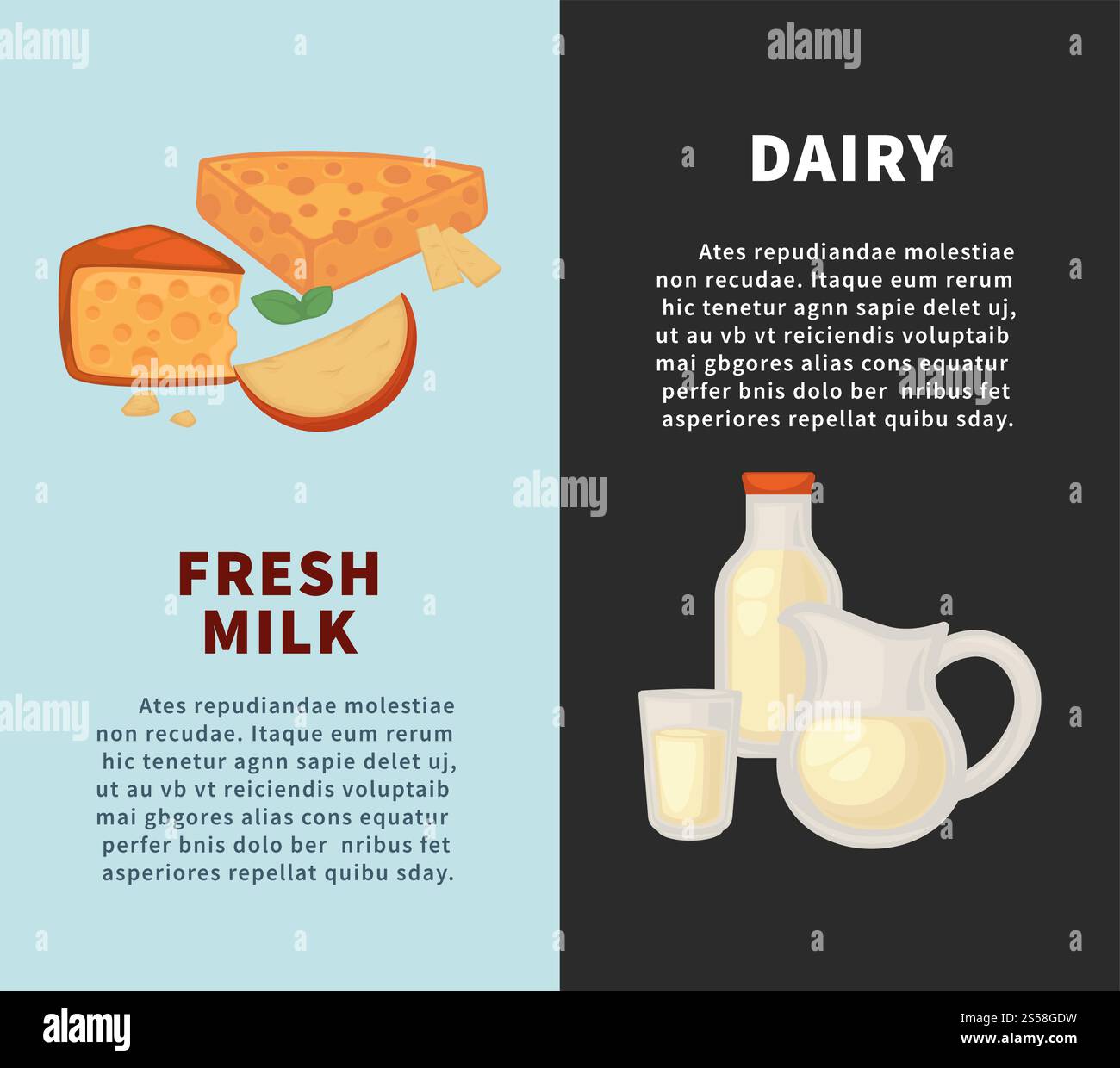 Fresh natural milk and delicious dairy products vertical posters set ...