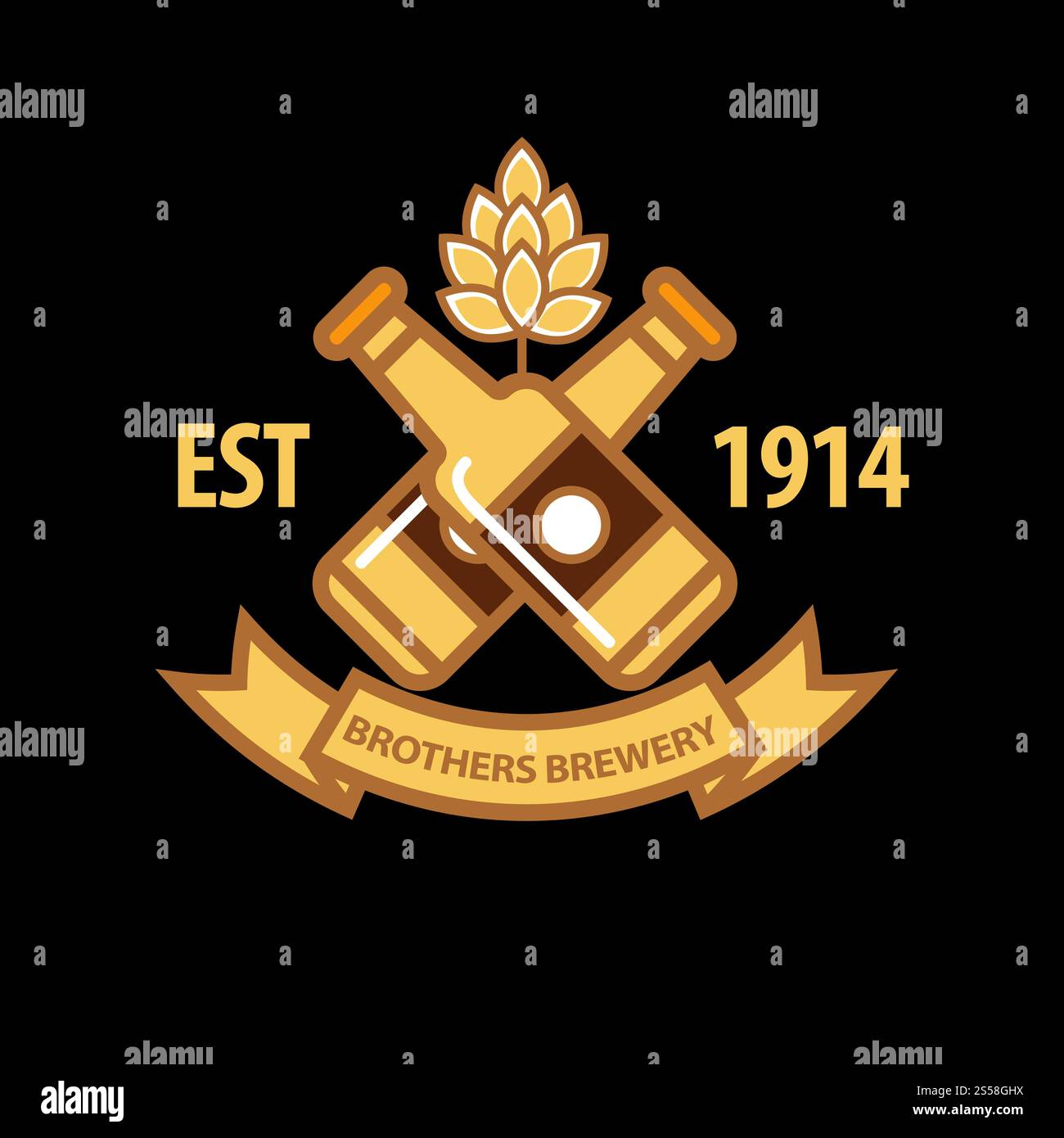 Brothers brewery promotional logotype with crossed golden beer bottles ...
