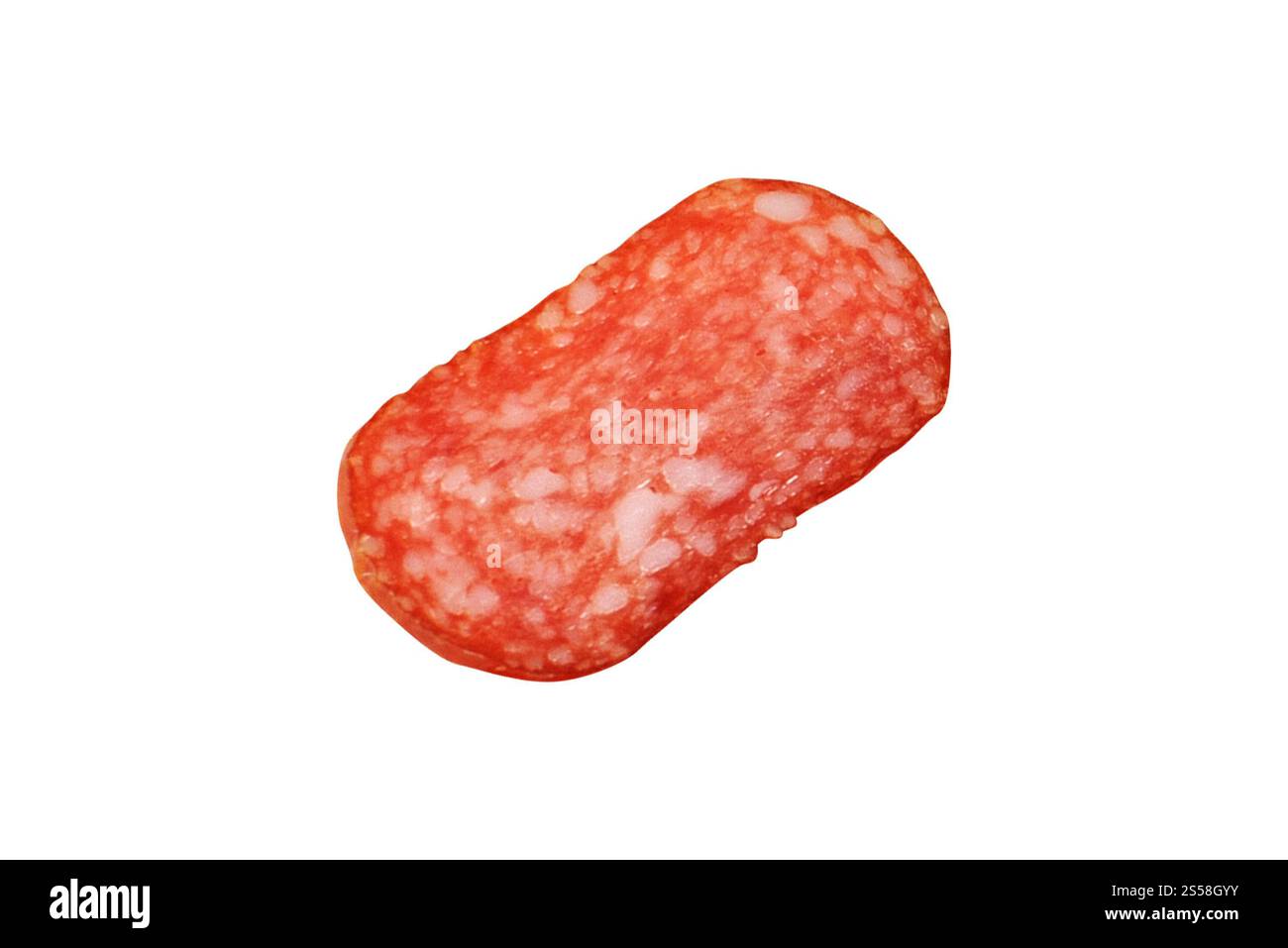 Slices of salami isolated on white background Stock Photo - Alamy