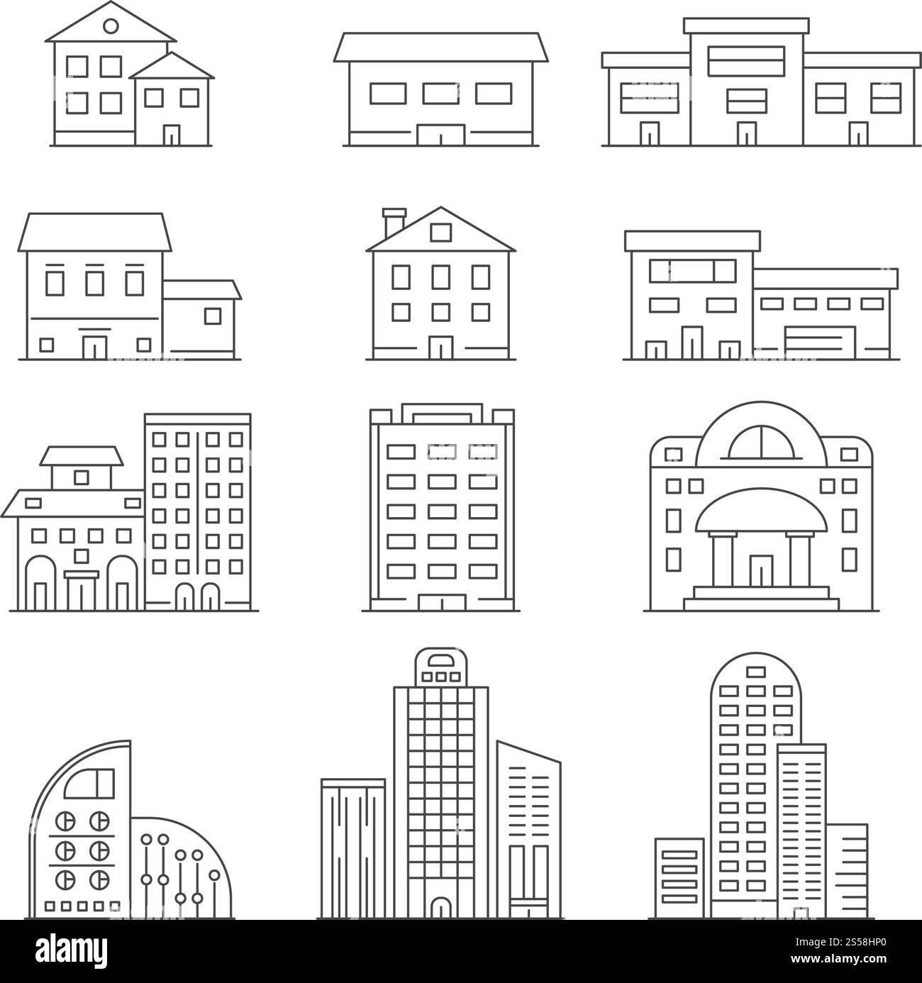 House and business buildings. Vector linear pictures of urban ...
