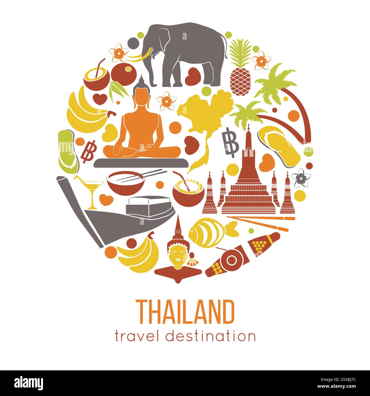 Set of Thailand travel symbols and Bangkok landmarks. Thai culture flat ...