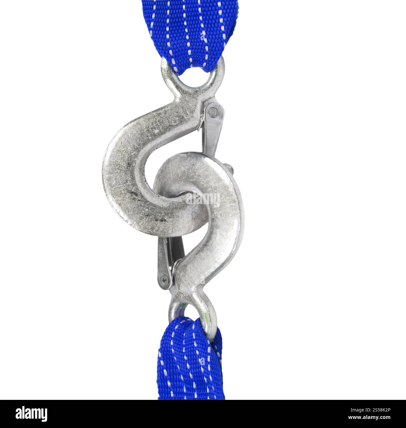 Two carabiners with knotted ropes isolated on white background Stock ...