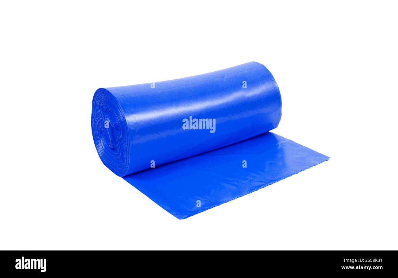 roll of blue garbage bags isolated on white background. roll of blue ...