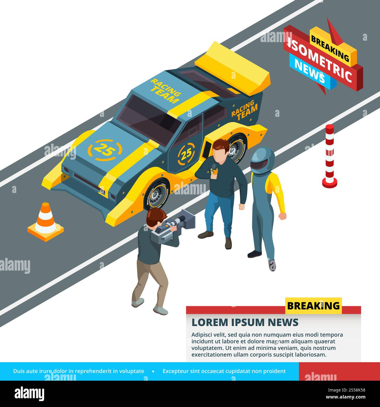 Sport interview. Vector isometric 3d pictures of formula racer ...