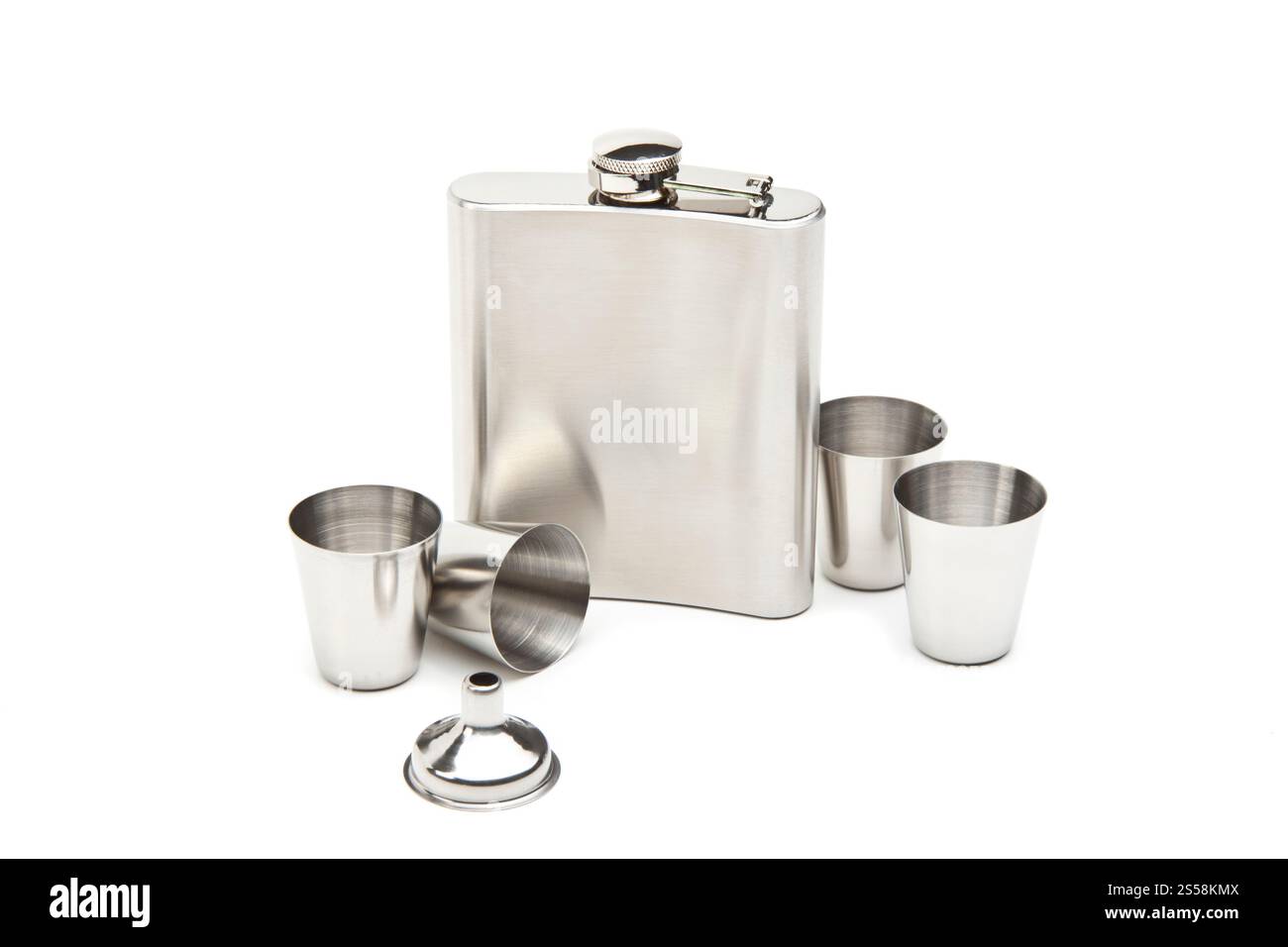Hip flask and cups with white background Stock Photo - Alamy