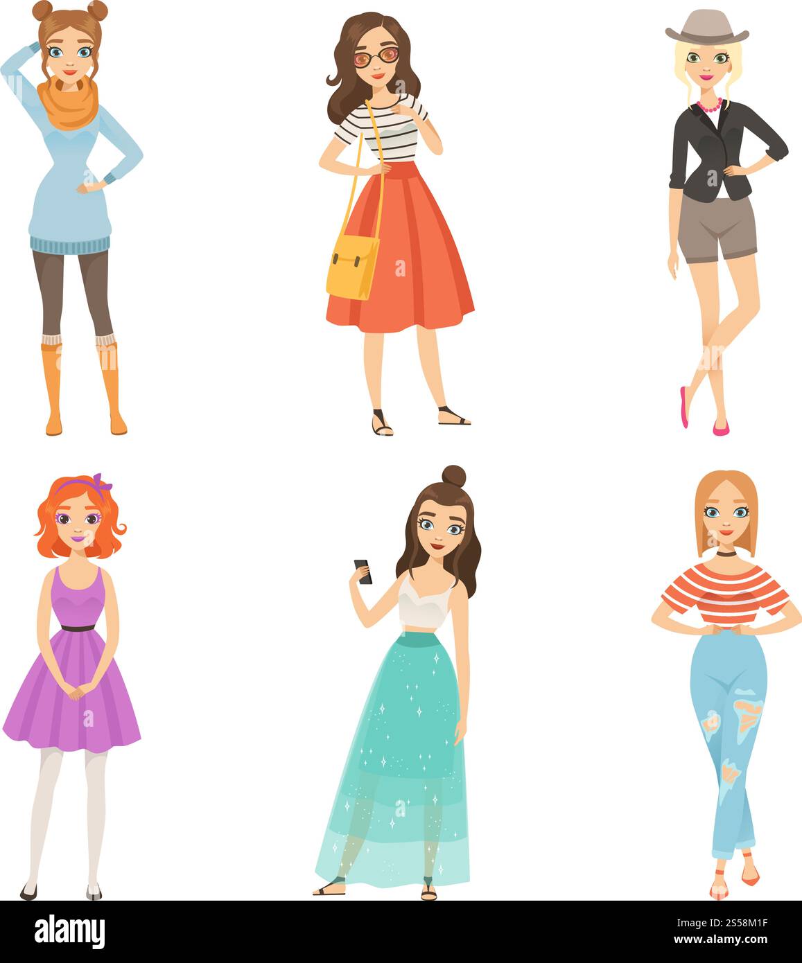 Fashionable girls. Cartoon female characters in various fashion poses ...