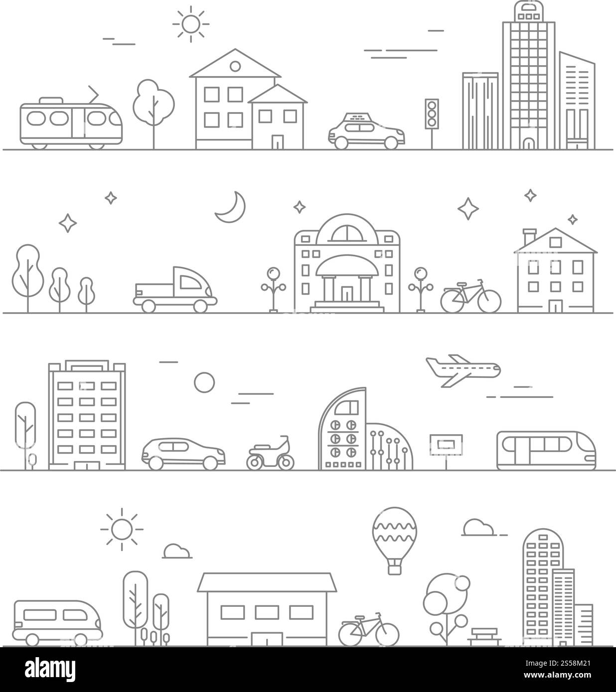 Urban traffic. Linear transportation symbols isolate. City road and ...