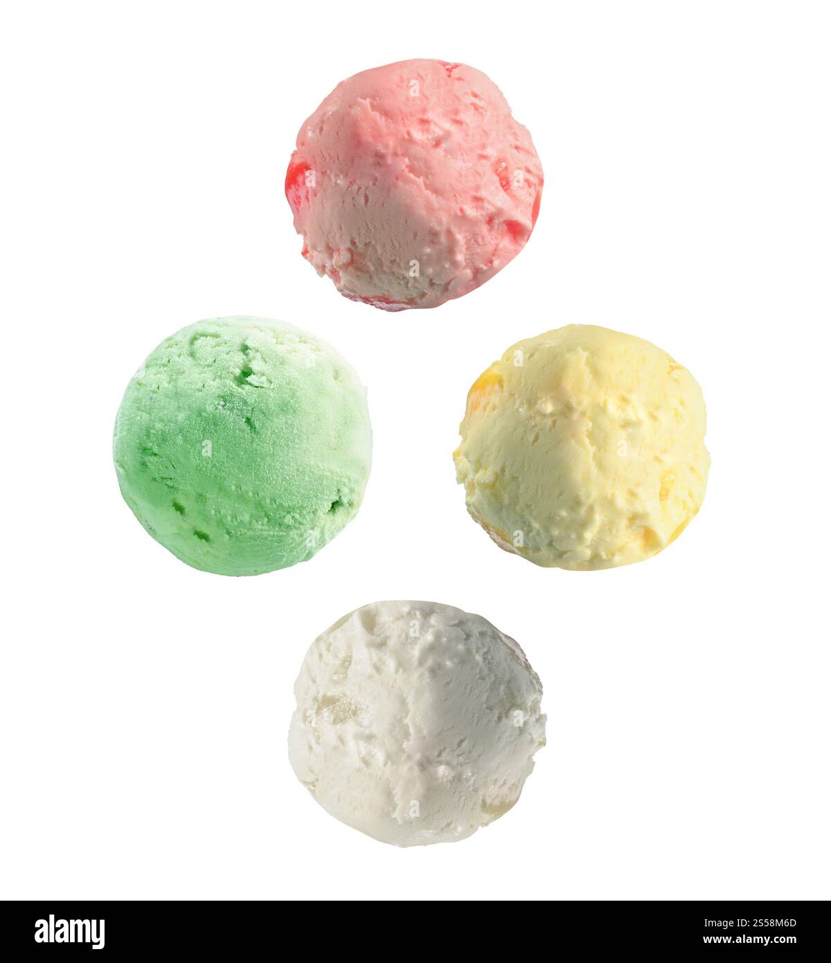 Four isolated scoops of ice cream from side isolated a white background ...