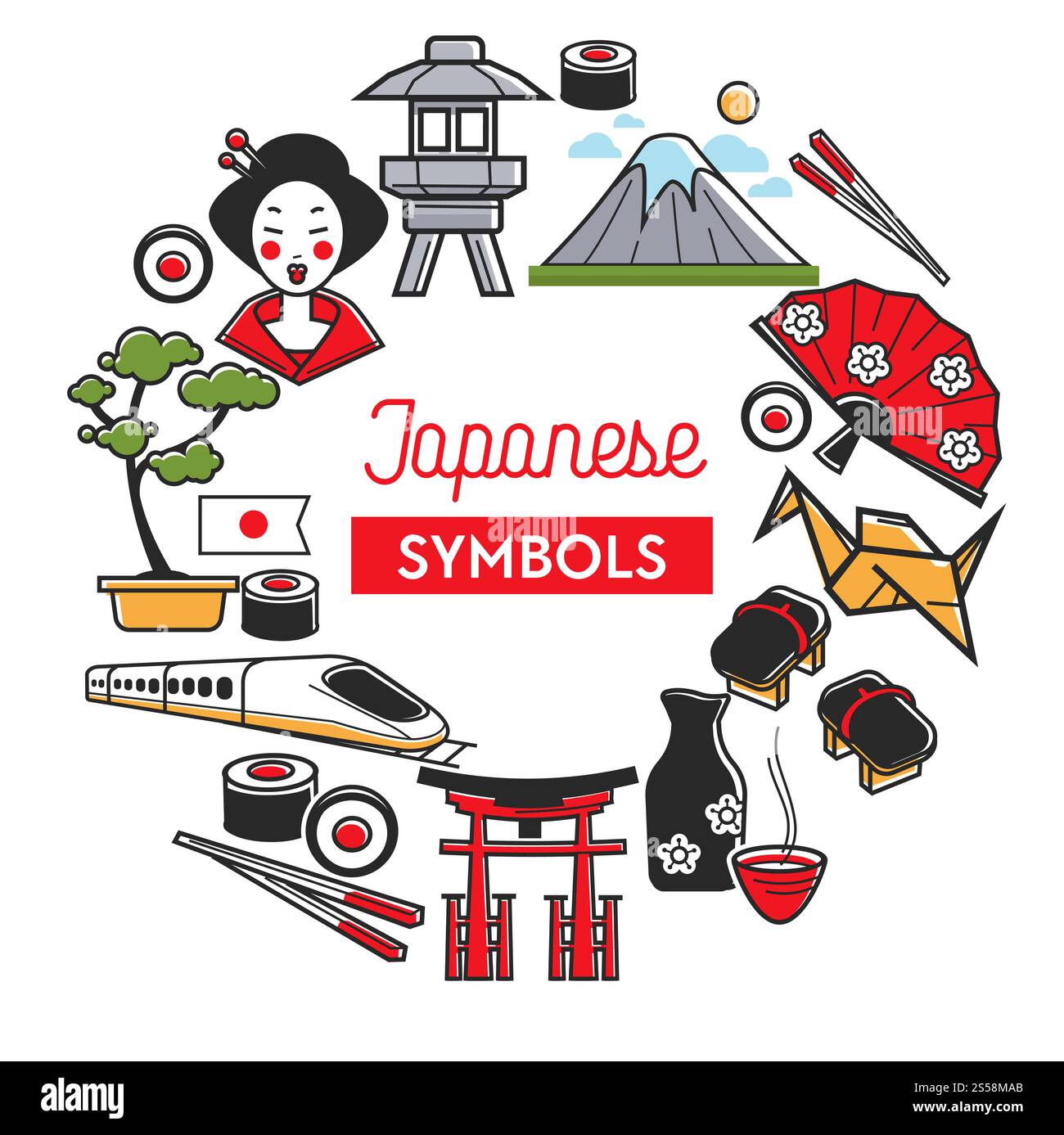 Japanese symbols promo banner with traditional famous attractions ...