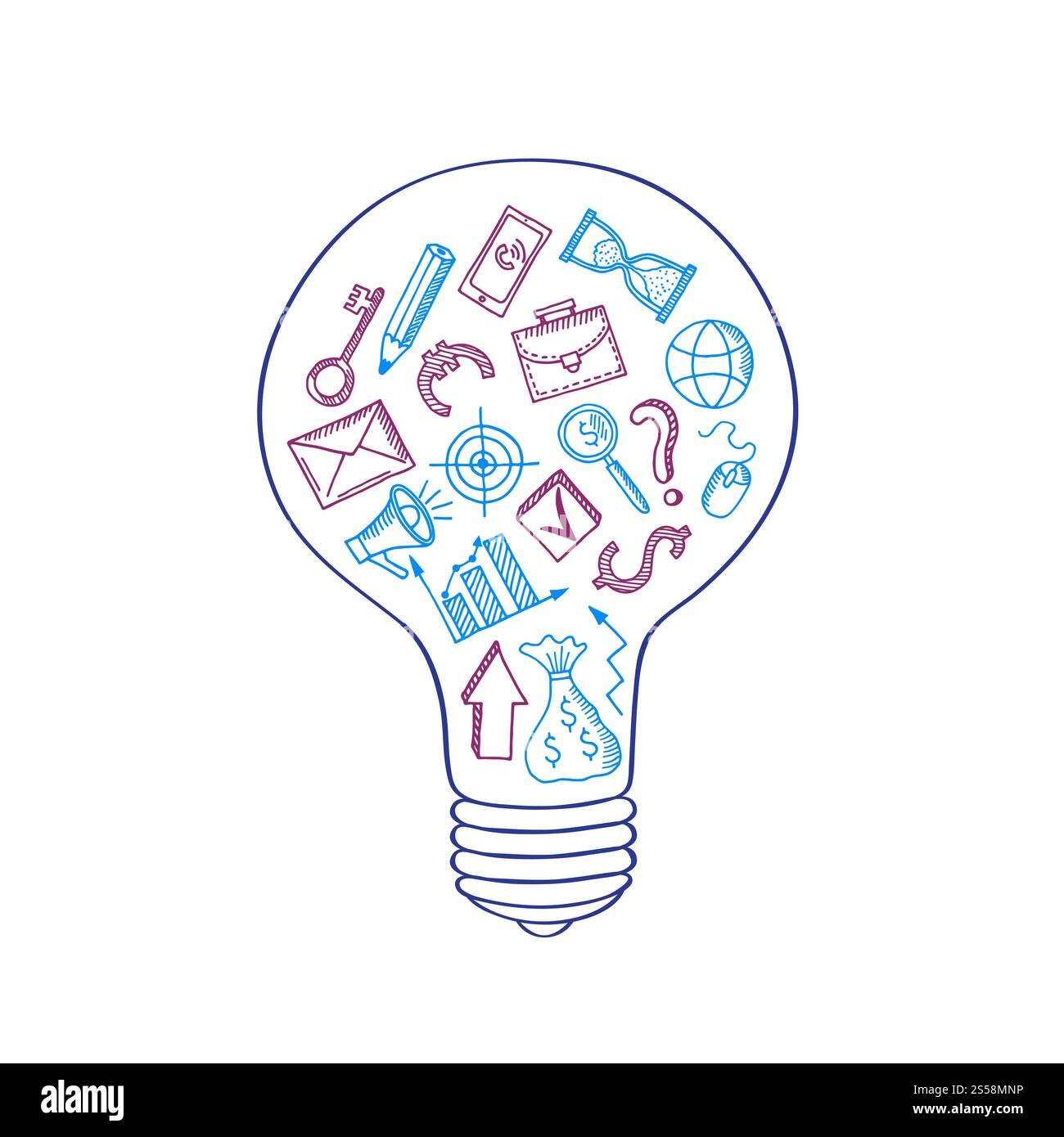 Vector business doodle icons in lightbulb concept illustration. Light ...