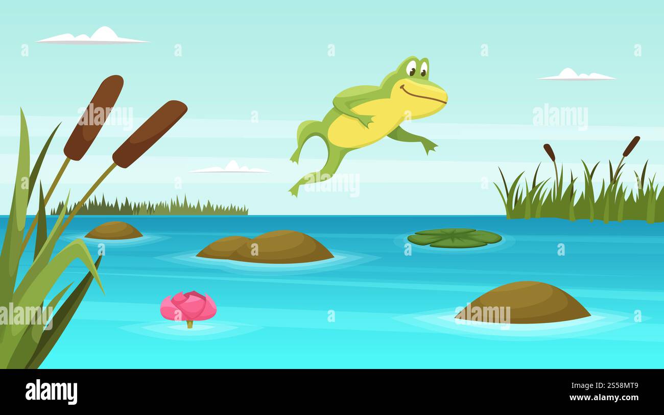 Frog jumping in pond. Vector cartoon background. Illustration of toad ...