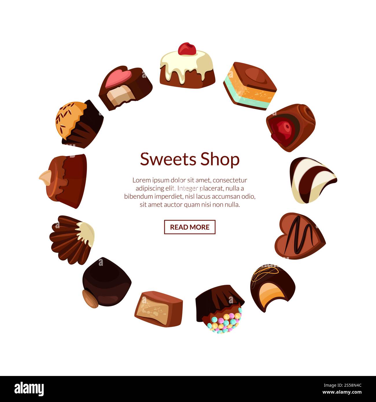 Vector cartoon chocolate candies in circle form with place for text in ...