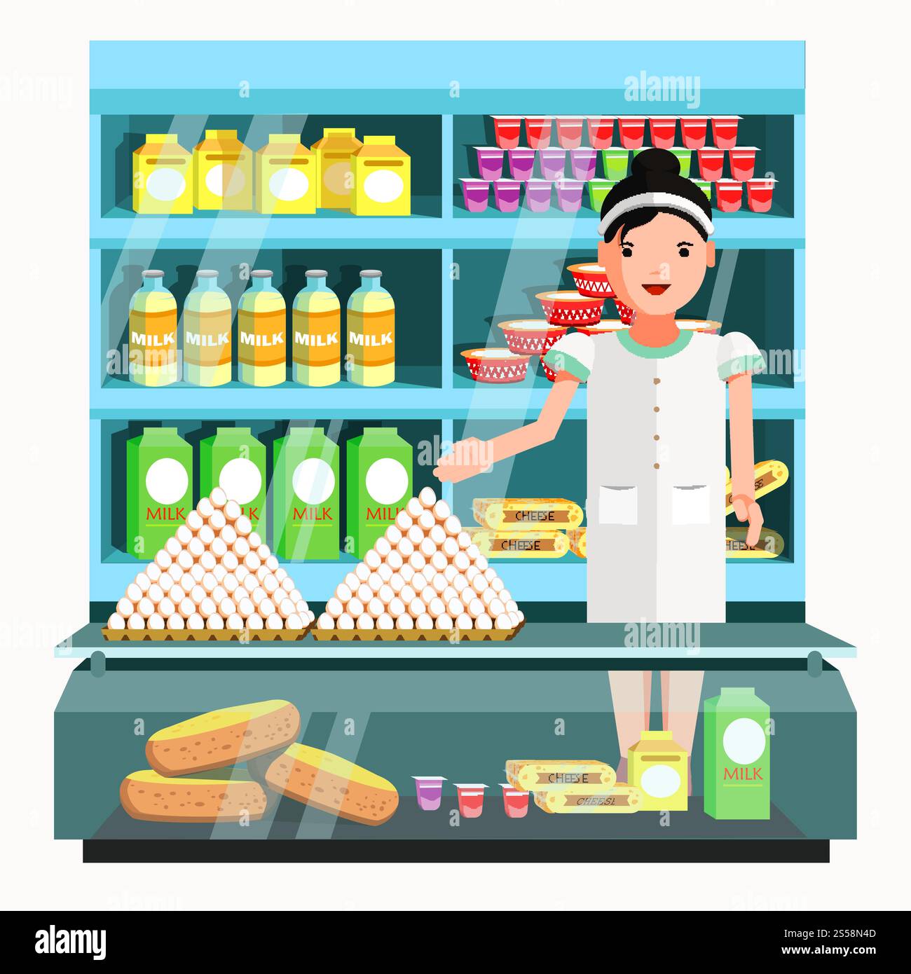 Dairy product seller at the counter and stall. Vector shop in flat ...