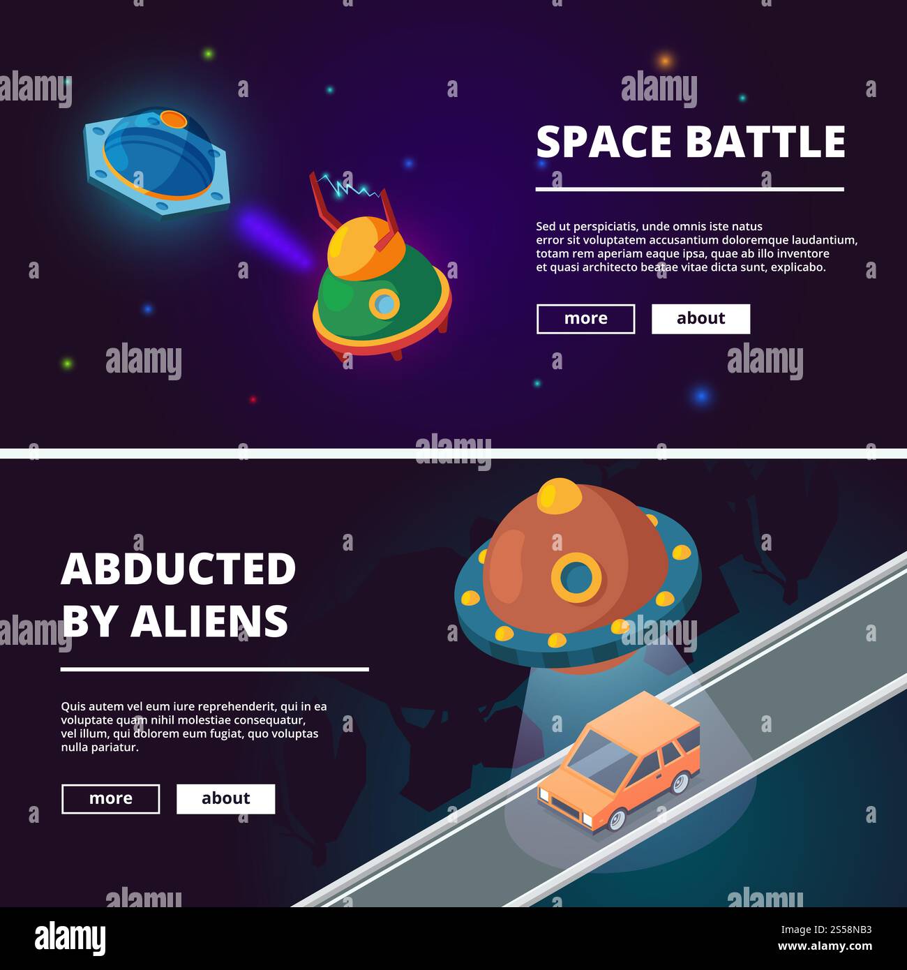 Spaceships cartoon. Vector isometric pictures isolate. Spaceship alien ...