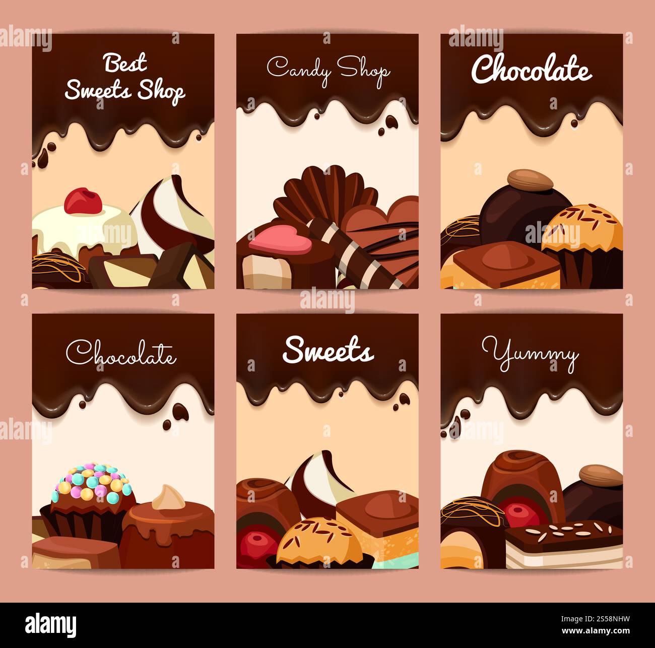 Vector card or flyer templates set with cartoon chocolate candies and ...