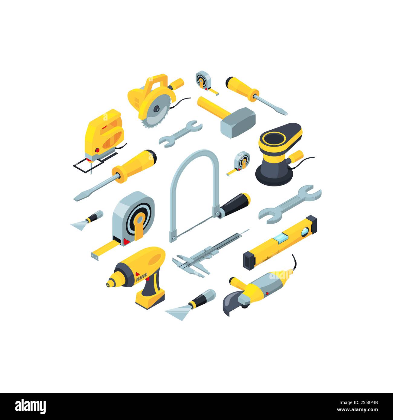 Vector construction tools isometric icons in circle shape illustration ...