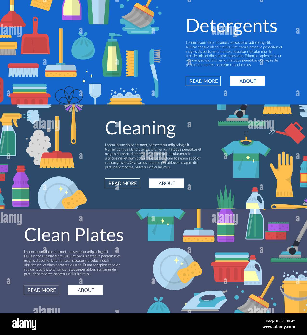 Vector cleaning flat icons horizontal web banners and posters ...