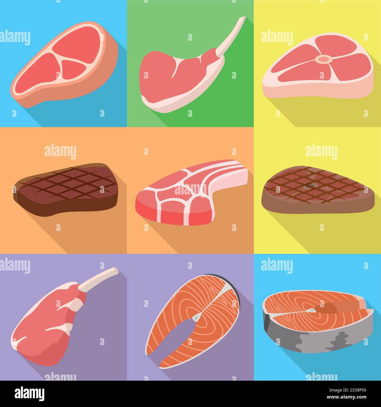 Steak icon set. Flat set of 9 steak vector icons for web design ...