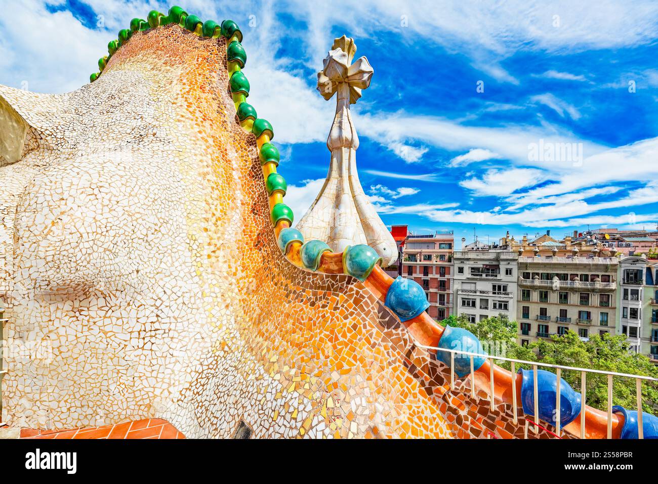 Outdoor on roof Gaudi's creation- House Casa Batllo. Spain Stock Photo ...