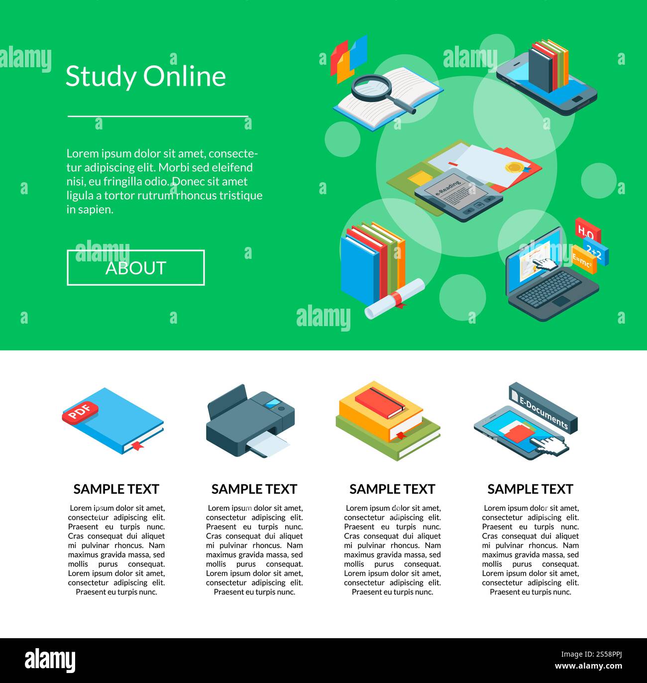 Vector isometric online education icons landing page template ...