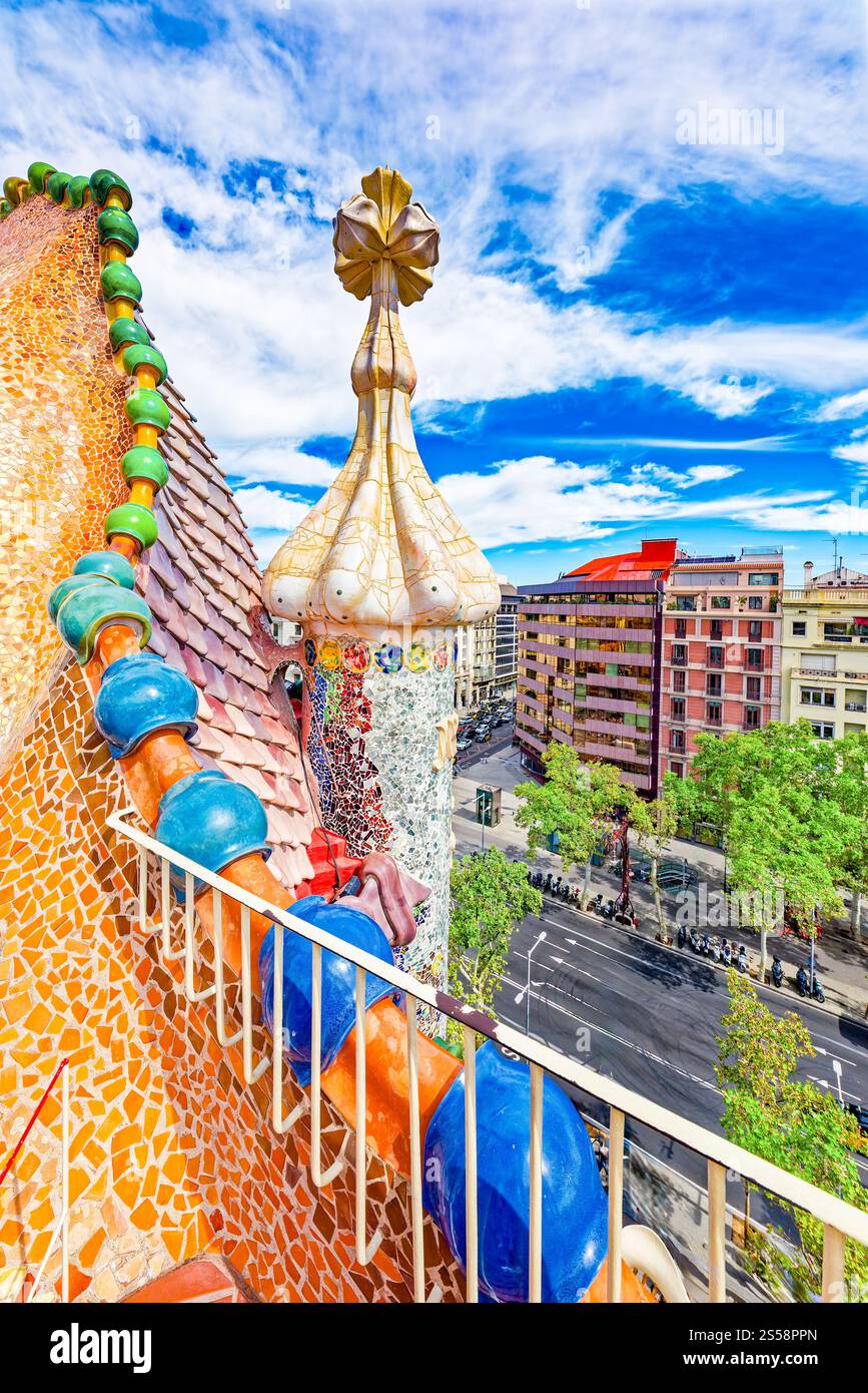 Outdoor on roof Gaudi's creation- House Casa Batllo. Spain Stock Photo ...